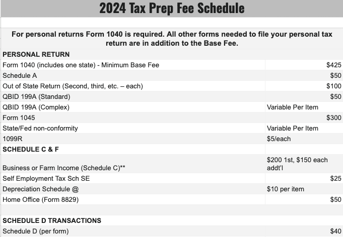 Tax Prep Fee Schedule Template - Small Business Accounting